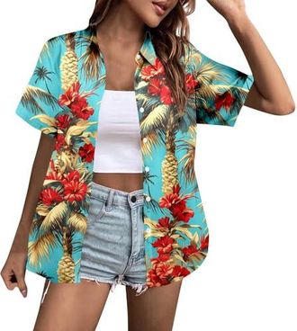 Generic Chemise tropicale hawa&iuml;enne d&eacute;contract&eacute;e pour femme - Chemise d&eacute;t&eacute; des Cara&iuml;bes - Chemise de plage &agrave; manches courtes boutonn&eacute;e - Tenue vintage amusant