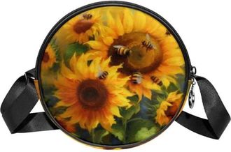 Generic Sac &agrave; bandouli&egrave;re rond pour femme, motif abeilles, tournesol, petit sac &agrave; bandouli&egrave;re avec fermeture &eacute;clair, bretelles r&eacute;glables, sac &agrave; main rond d&eacute;co