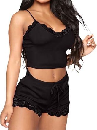 Generic Ensemble de pyjama pour femme avec short, caraco &eacute;l&eacute;gant de couleur unie, v&ecirc;tements de nuit avec dentelle coupe ajust&eacute;e, haut caraco avec cordon de se