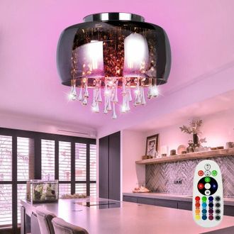 ETC Shop Glas Decken Lampe rauch fernbedienung Kristall Chrom Leuchte dimmbar im Set inkl. rgb led Leuchtmittel