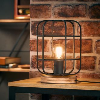 Lightbox Vintage Tischlampe - Tischleuchte mit Gitter Schirm - Schalter - 27 cm Höhe - Ø 20 cm - E27 Fassung - max. 40 W - aus Metall/Holz aus Schwarz-Pappel -