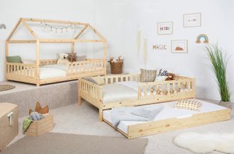 Ticaa 2 in 1 Bodenbett wandelbar mit abnehmbaren Dach Duo 90x200, 100x200 cm, 120x200 cm, 140x200 Weiß für Jungen & Mädchen mit Zusatzbett, Rausfallschutz &