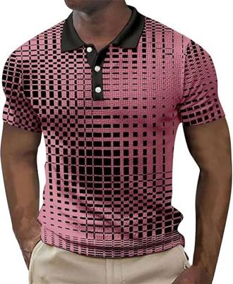 Generic Polo de golf &agrave; carreaux pour homme, coupe classique, col boutonn&eacute;, l&eacute;ger, extensible, sport, gym, entra&icirc;nement, tennis, rose, XL