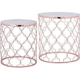 WOMO-DESIGN Womo-design - Beistelltisch 2er Set Phoenix i &Oslash;40/&Oslash;45 cm, in Wei&szlig; Banswara Marmor/Kupfer Metall, Wohnzimmertisch Marmor Optik/Kupfer Metallgestell