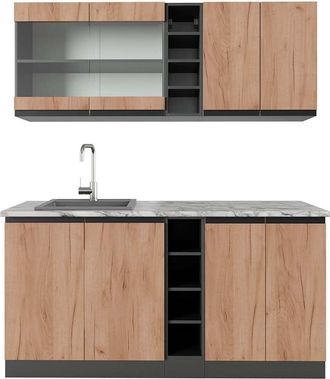 Vicco Singleküche R-Line, Küchenzeile Single, Goldkraft Eiche/Anthrazit, 160 cm, AP Marmor