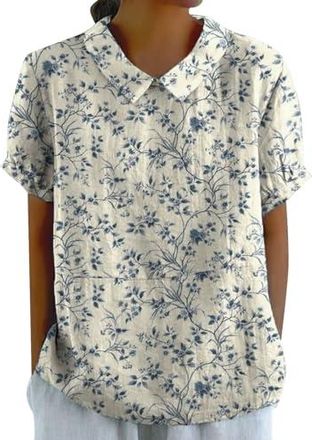 Generic Chemise Femme Chic et élégant Chemisiers et Blouses Femme dété Revers Col Rond à Manche Courte Tops Fleurie Respirant T-Shirt Grande Taille Pas Cher D