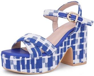 Allegra K Sandales &agrave; talons compens&eacute;s en tissu &agrave; carreaux pour femme, bleu, 39 EU