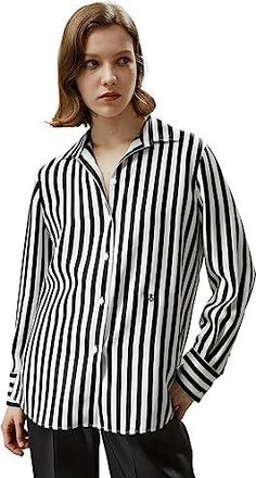 LilySilk Chemise en Pure Soie pour Femme Chemisier à Fines Rayures Bleues et Blanches avec col en V et Manches Longues pour Le Travail S, Rayures Noires Et Bla
