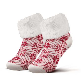 Piarini 1 Paar Kuschelsocken ABS Sohle warme Damen Socken H&uuml;ttensocken Wintersocken Anti Rutsch Noppen Elch Rot (One-Size)