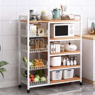 Generic Mikrowellen Regal mit Offenen Regalen und Drahtk&ouml;rben, K&uuml;chenregal mit Rollen for Wohnzimmer, Balkon, Arbeitszimmer, Lager