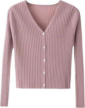 Generic Cardigan &eacute;l&eacute;gant &agrave; col en V c&ocirc;tel&eacute; &agrave; manches longues pour femme - Cardigan taille haute - Manteau d&eacute;contract&eacute;, Rose-13506, Taille Unique