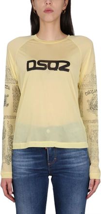 Dsquared2 Femme, Tops, Jaune, Taille: 38 FR Seethrough Logo LS Surf Club T-shirt