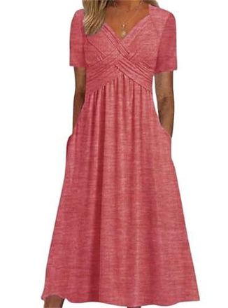Generic Robe d&eacute;t&eacute; &agrave; manches courtes avec col en V et manches courtes crois&eacute;es sur le devant pour femme - Robe d&eacute;t&eacute; fluide avec poches, rose, XXL