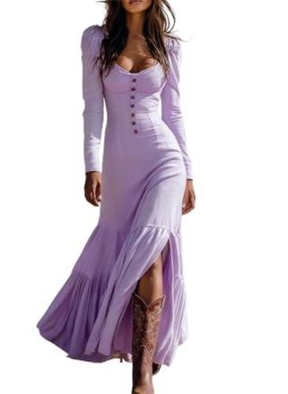 Generic Robe de cowgirl occidentale pour femme, manches longues, col en V, boutons, robe maxi vintage, fente lat&eacute;rale, style boh&egrave;me, robe trap&egrave;ze fluide, viol