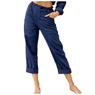 Generic Pantalon Large en Lin Femme Fluide Ample Pantalon Femme Taille &Eacute;lastique en Lin D&eacute;contract&eacute; avec Poche Leger Vetement Ete Baggy Ensemble (Dark Blue XX