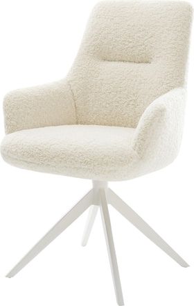 DELIFE Esszimmerstuhl Zelia-Flex mit Armlehnen Kreuzgestell breit Weiß Teddystoff Beige 360° drehbar Wippfunktion Taschenfederkern