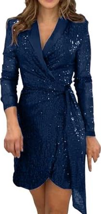 Generic Robe de Fete Femme - &Eacute;l&eacute;gante Col en V Manches Longues Paillettes Mini Robe de Soir&eacute;e Mariage Cocktail Chic C&eacute;r&eacute;monie Courtes