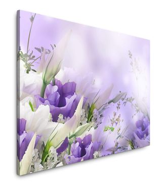 Paul Sinus Art Blumen in weiß und Lila 60 x 90 cm Inspirierende Fotokunst in Museums-Qualität für Ihr Zuhause als Wandbild auf Leinwand in