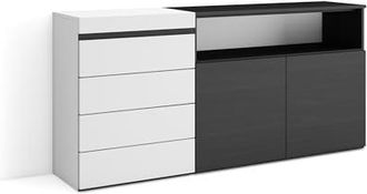 Skraut Home | Kommode mit Schubladen | Aufbewahrungsschrank | 157x75x35 cm | F&uuml;r Schlafzimmer, Zimmer | Sideboard, Schrank | Moderner Stil | Wei&szlig; und Schwarz