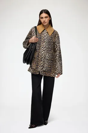 Ganni braun Mittellange Canvas-Jacke mit Leopardenprint Bio-Baumwolle - Gr&ouml;&szlig;e XXS/XS