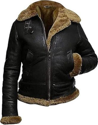 Generic Veste en cuir de mouton pour femme - Style aviateur marron avec doublure en fourrure synth&eacute;tique - Blouson aviateur dhiver, noir, X-Large