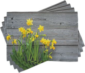 Abakuhaus Gelbe Blume Platzmatten 8 Stück, Blumenstrauß von Narzissen auf den hölzernen Planken, die rustikales Land-Leben-Thema im Garten Arbeiten, Gelb Blaugr
