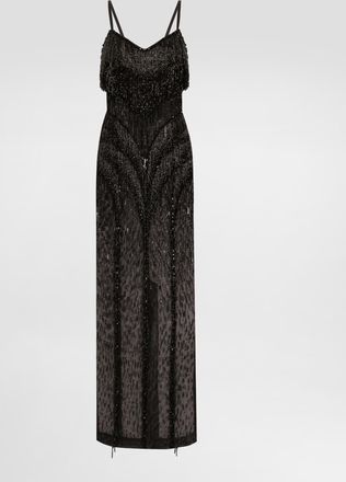 Dolce & Gabbana Langes Kleid Aus Marquisette Mit Paillettenfransen-stickerei - Frau Kleider Schwarz 44