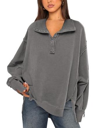 Generic Sweat-shirt surdimensionn&eacute; &agrave; manches longues pour femme, coupe d&eacute;contract&eacute;e, col en V, patchwork gris, taille L pour un usage quotidien, le travail et
