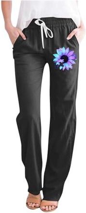 Generic Pantalon en coton et lin pour femme - Jambe large - Pantalon de plage d&eacute;t&eacute; pour femme - Confortable - Pantalon de yoga Palazzo XIYU26090, Noir, XXL
