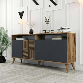 Dmora Kommode Scorpio, Wohnzimmerbuffet, Wohnzimmer-Sideboard, Moderne K&uuml;chen-Speisekammer, 160x35h79 cm, Walnuss und Anthrazit