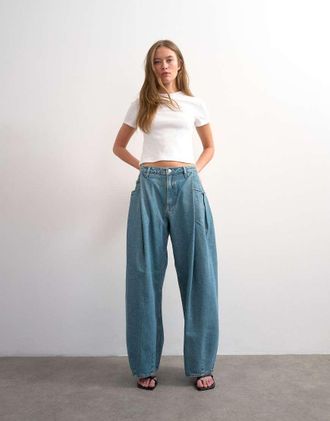 Topshop Cocoon Barrel - Jean &agrave; taille mi-haute - Reflets verts-Bleu