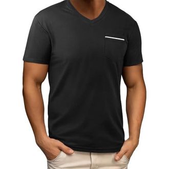 Generic T-shirt &agrave; col en V pour homme - L&eacute;ger et extensible - Couleur unie - Respirant - Manches courtes - Avec poche dentra&icirc;nement, 01 Noir, XXL