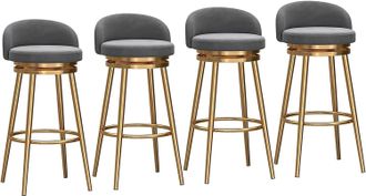 Generic Drehbarer Barhocker, 4Er-Set - Hohe Kücheninselstühle mit Samtbezug, Rückenlehne, Goldener Fußstütze Und Grauer Tresenhöhe