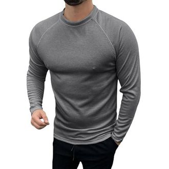 Generic DENGJIAMY Chemise raglan gaufr&eacute;e &agrave; manches longues classique &agrave; col rond pour homme T-shirts de printemps tendance hauts d&eacute;contract&eacute;s pour hommes, gris