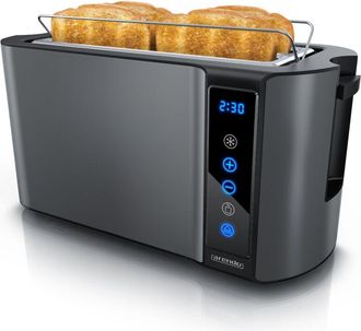 Arendo Langschlitz Toaster mit 2 R&ouml;stkammern und Br&ouml;tchenaufsatz, W&auml;rmeisoliertes Geh&auml;use, Display, Touch, Grau - Arendo