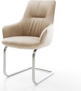 DELIFE Freischwinger Zelia-Flex mit Armlehnen Mikrofaser Beige Vintage Freischwinger flach Edelstahl Taschenfederkern, Esszimmerst&uuml;hle