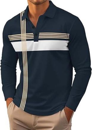 Generic Polo à manches longues pour homme en coton rayé avec col boutonné, Polo à manches longues bleu marine pour homme, XL