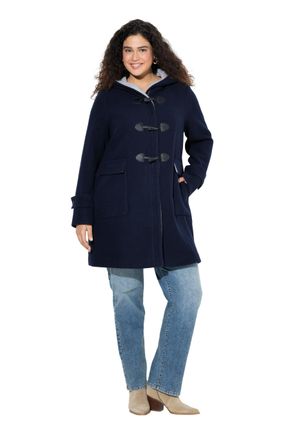 Ulla Popken Damen gro&szlig;e Gr&ouml;&szlig;en &Uuml;bergr&ouml;&szlig;en Plus Size Dufflecoat, A-Linie, Wollmischung, Kapuze, Knebelkn&ouml;pfe Marine 62+ 820266130-62+