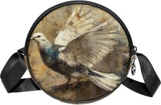 Generic Petit sac &agrave; bandouli&egrave;re rond pour femme, motif pigeon, vintage, avec fermeture &eacute;clair, bretelles r&eacute;glables, sac &agrave; main rond d&eacute;contract&eacute; pour femmes et