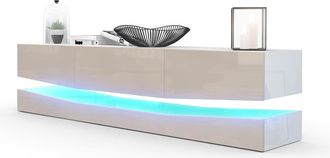 Vladon Lowboard City, Made in Germany, TV-Kommode mit Sockelelement, 1 offenem Fach und 3 Schubkästen, Weiß Hochglanz/Sandgrau Hochglanz, inkl. LED-Beleuchtu