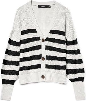 Vero Moda Vmlea Ls V-Neck Cuff Cardigan Noos pour Femme, Cloud Dancer/Stripes : Noir, M