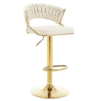 Woltu Tabouret de Bar avec Dossier Tissé et Repose-Pieds, Tabouret Pivotant, Hauteur Réglable, Base Évasée en Métal + Siège Rembourré en Velours, Crème, BH4