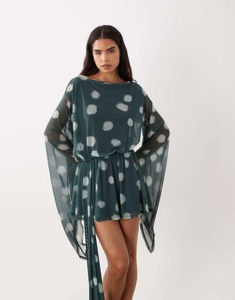 Asos Mini-Kleid aus Mesh mit Punktmuster, Bindeseite und extralangen &Auml;rmeln in Petrol-Multi