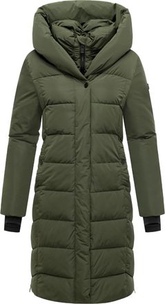 Navahoo Damen Langer Wintermantel warmer Steppmantel mit abnehmbarem Kragen-Einsatz Laubzauber 14 Dark Olive Gr. XXL