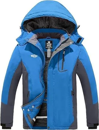 Wantdo Homme Veste de Ski Outdoor Veste Imperméable Coupe-Vent Manteau dhiver Chaud avec Capuche Amovible Veste Sport Randonnée Coupe-Vent Bleu L