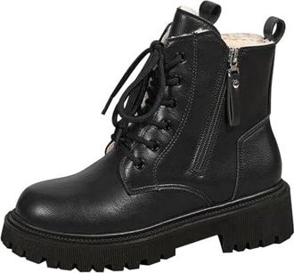Generic Elegant Bottines Femme Plates Bottes en Cuir Doublure Chaude Polaire Lacets Fermeture Éclair Semelle Épaisse Antidérapante Tendance Style Britannique 