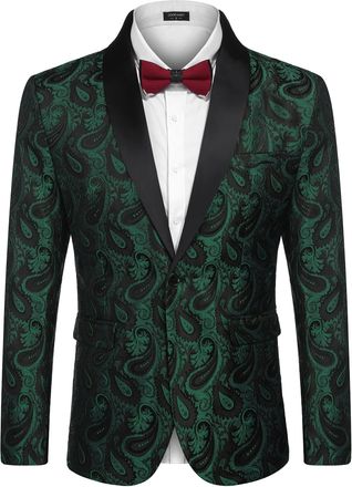 Coofandy Florale Smokingjacke mit Paisleymuster, Schal, Revers, Anzug, Blazer, Jacke f&uuml;r Abendessen, Abschlussball, Hochzeit, Weihnachtsgr&uuml;n, XL