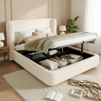 Merax Polsterbett Doppelbett 160x200 cm mit hydraulischem Stauraum - Funktionsbett mit Lattenrost, hohes gepolstertes Kopfteil, Boucl&eacute; Stoff Beige,Ohne Matr