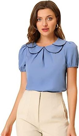Allegra K Hauts de Chemisier d&eacute;t&eacute; &agrave; col Claudine &agrave; Manches Bouffantes pour Femmes Bleu S