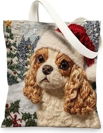Generic Sac fourre-tout en toile motif cavalier King Charles Spaniel de No&euml;l pour faire du shopping 33 x 38,1 cm, sac d&eacute;picerie r&eacute;utilisable pour femme, peint